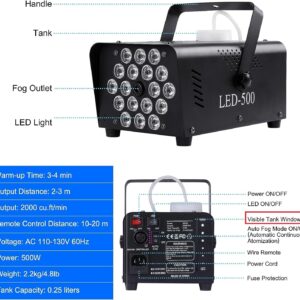 Fog Machine with Lights 18 LED, Smoke Machine Fog, Fog Machine Halloween 2000CFM 500W with 2 Wireless Remote Control And 13 Colorful Lights Effect, Fog Machine Indoor Outdoor for Parties DJ