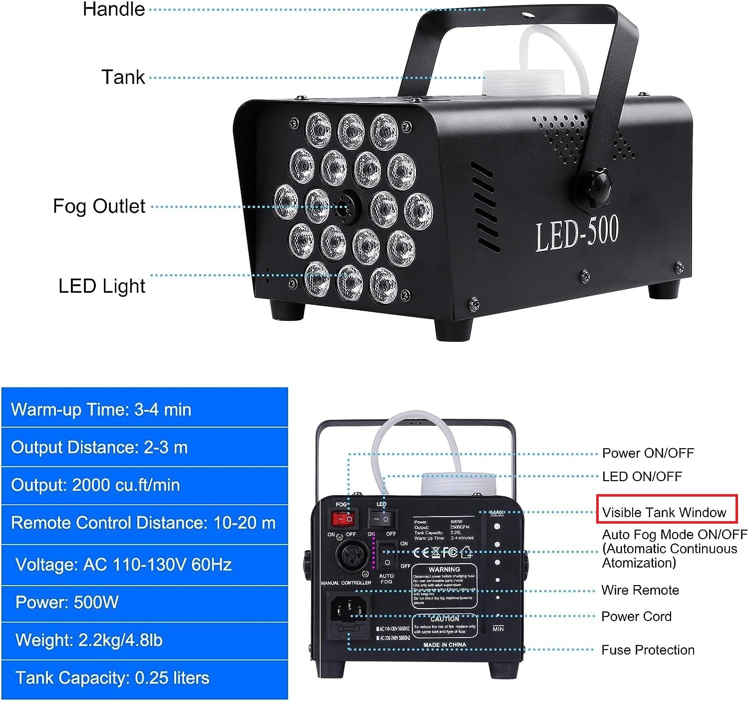 Fog Machine with Lights 18 LED, Smoke Machine Fog, Fog Machine Halloween 2000CFM 500W with 2 Wireless Remote Control And 13 Colorful Lights Effect, Fog Machine Indoor Outdoor for Parties DJ