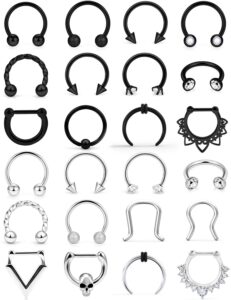 yaalozei 16g septum rings piercing jewelry for women stainlessl surgical steel silver black septum ring skull hypoallergenic hinged septum nose ring earring hoop clicker piercing jewelry set men 10mm