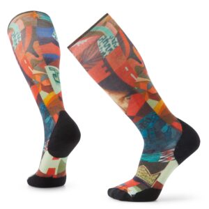 smartwool ski always explore print targeted cushion merino wool over the calf socks for men and women, multi color, medium