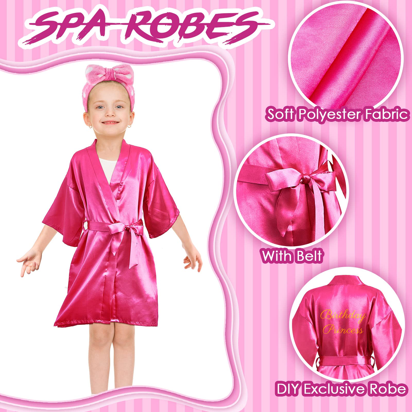 Jecery 18 Pcs Spa Party Supplies for Girls 6 Satin Kimono Robe 6 Spa Headband 6 Disposable Foam Pedicure Slippers (Rose,Size 10)