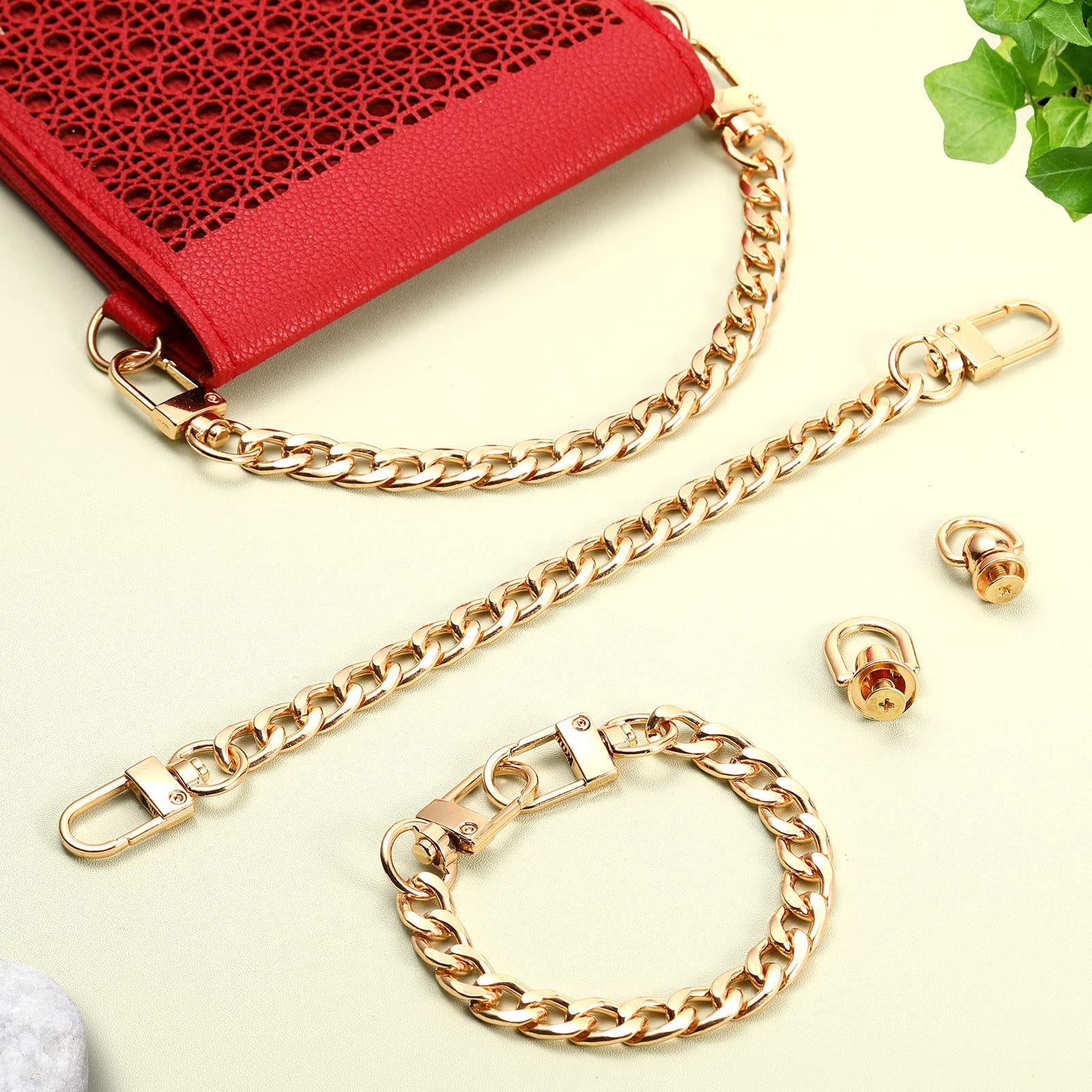 4 Pcs 7.9 Inch Purse Chain Strap Handbag Chains Accessories Flat Purse Strap Extender Shoulder Cross Body Replacement Straps with 24 Metal D Ring Stud Screw for Women DIY Wallet Tumbler Crafts, Gold