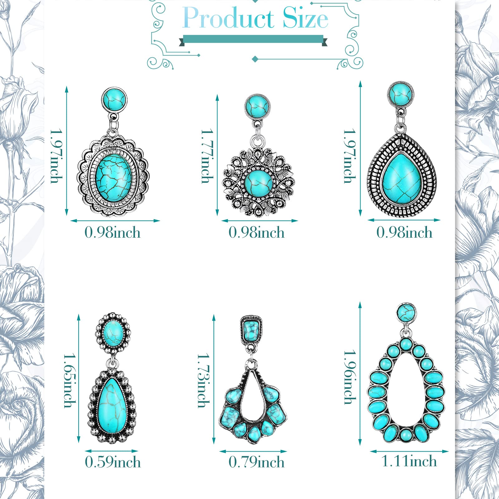 Ferraycle 6 Pairs Turquoise Earrings Set Bohemian Dangle Cowgirl Western Earrings Teardrop Aztec Earrings for Women (Vintage)