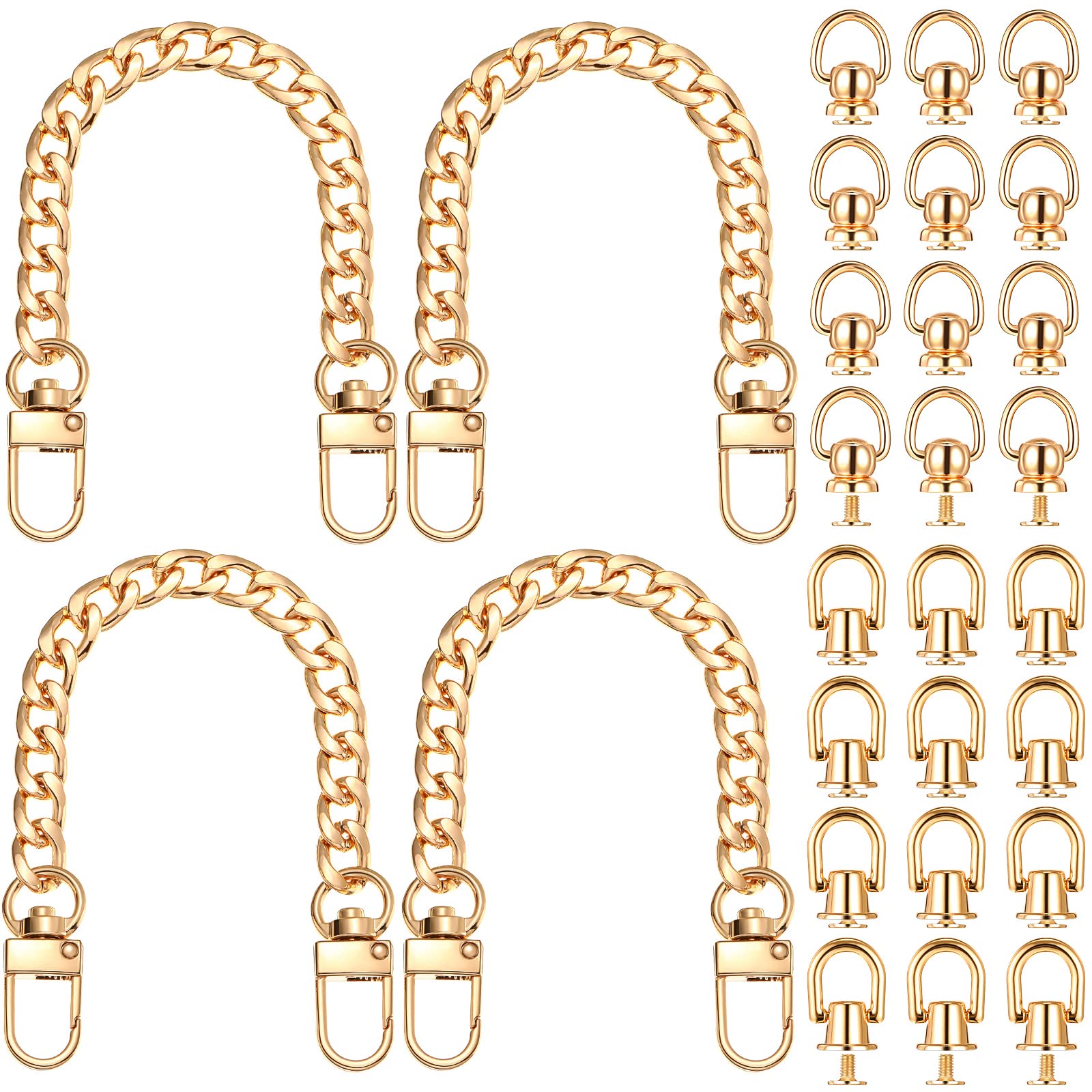 4 Pcs 7.9 Inch Purse Chain Strap Handbag Chains Accessories Flat Purse Strap Extender Shoulder Cross Body Replacement Straps with 24 Metal D Ring Stud Screw for Women DIY Wallet Tumbler Crafts, Gold