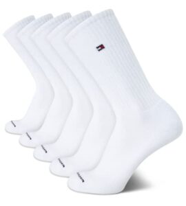 tommy hilfiger men's athletic socks - cushioned crew socks (5 pack), size 7-12, pure white