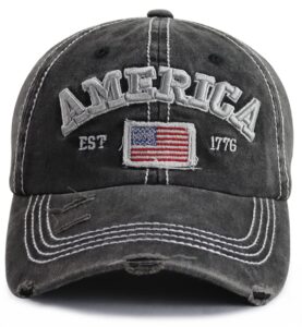 american flag hat for men women, usa america flag est 1776 decorations hats, adjustable washed embroidered cotton distressed baseball cap, funny patriots gifts for family friends coworkers veterans