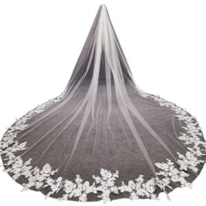 ruthyuexin Wedding Veil Applique Edge Cathedral Veil Flower One-Layer Bridal Veils Wedding Veils with Comb (ivory)