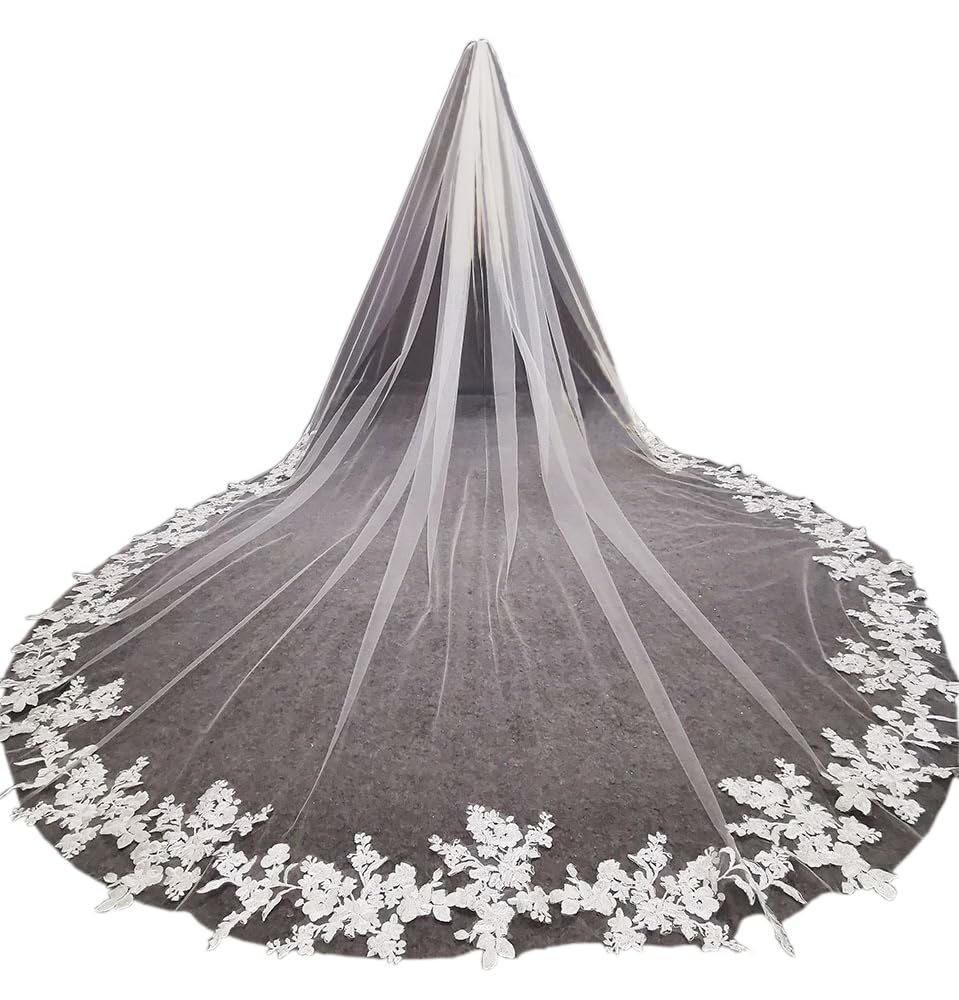 ruthyuexin Wedding Veil Applique Edge Cathedral Veil Flower One-Layer Bridal Veils Wedding Veils with Comb (ivory)