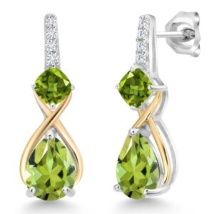 gem stone king 925 sterling silver and 10k yellow gold pear shape green peridot and white lab grown diamond dangle earrings for women (2.90 cttw, pear shape 8x6mm)