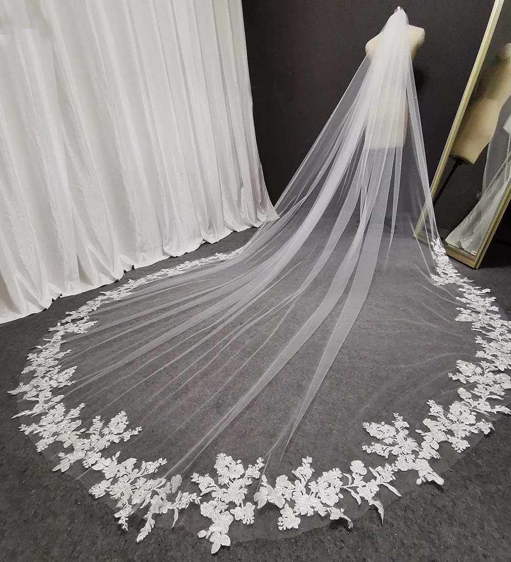 ruthyuexin Wedding Veil Applique Edge Cathedral Veil Flower One-Layer Bridal Veils Wedding Veils with Comb (ivory)