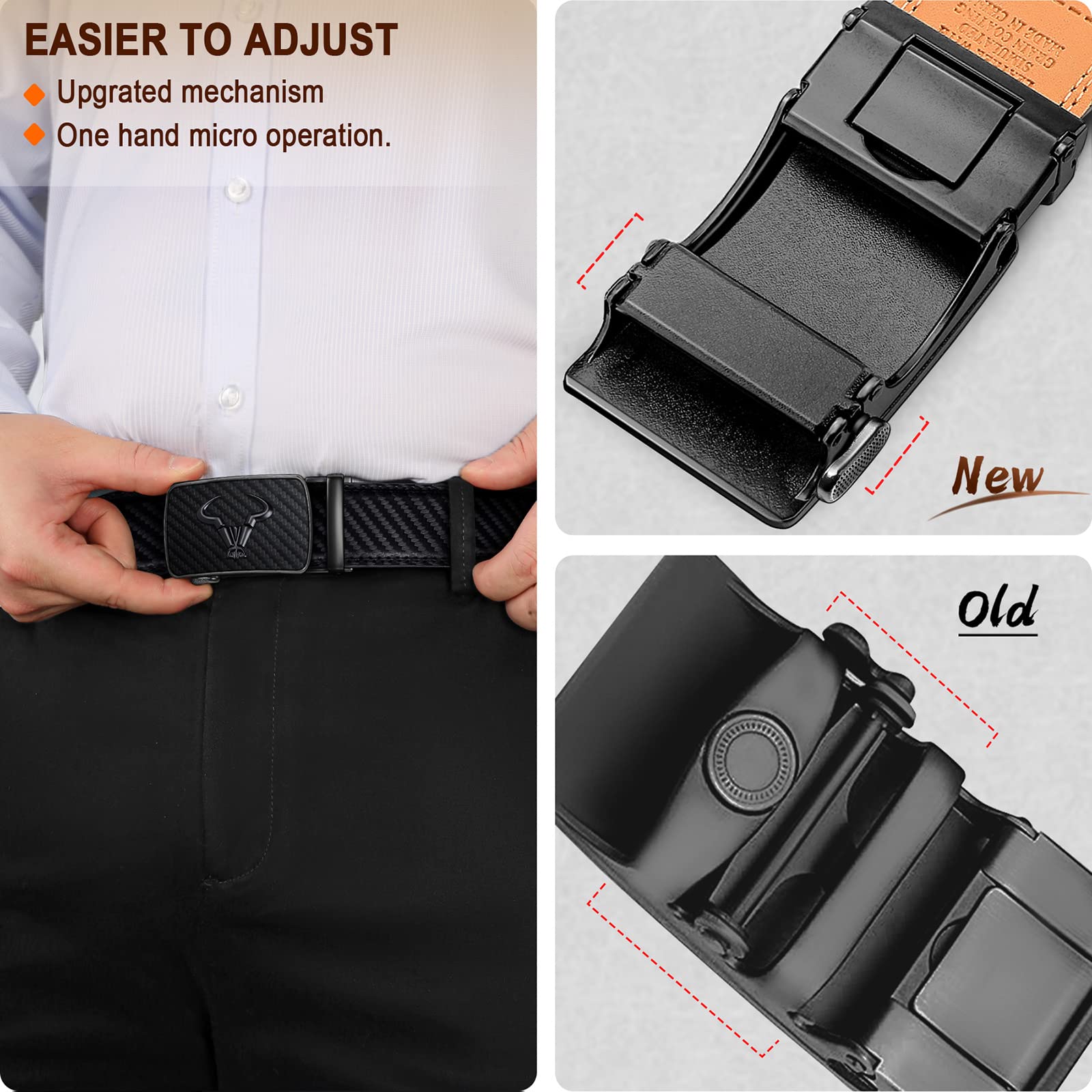 BULLIANT Men's Belt,Brand Ratchet Belt Of Genuine Leather For Gift Men Dress,Size Customized(Black,32"-38" Waist Adjustable)