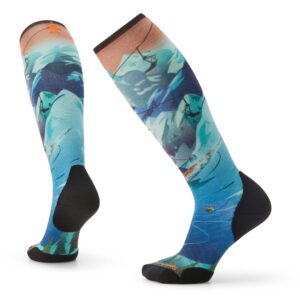 smartwool women's ski lift bunny print targeted cushion merino wool over the calf socks, neptune blue, medium