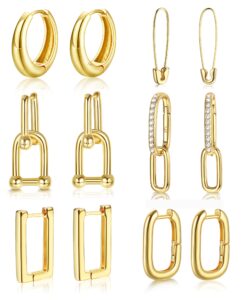 haiaiso 6paris gold earrings set 14k gold plated cubic zircon link earrings paperclip link chain earrings u shape pin huggie hoop earrings drop dangle earrings set for women