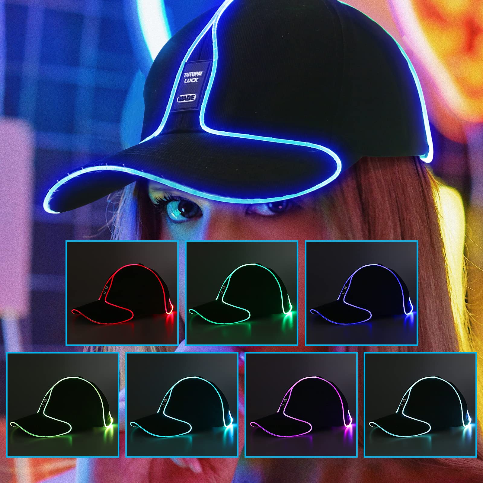 SAFEBAO Led Hat Led Baseball Cap for Adults with 7 Luminous Colors 4 Glowing Modes Rave Hat for Bar Club,Glowing Party,Christmas Halloween(Black)