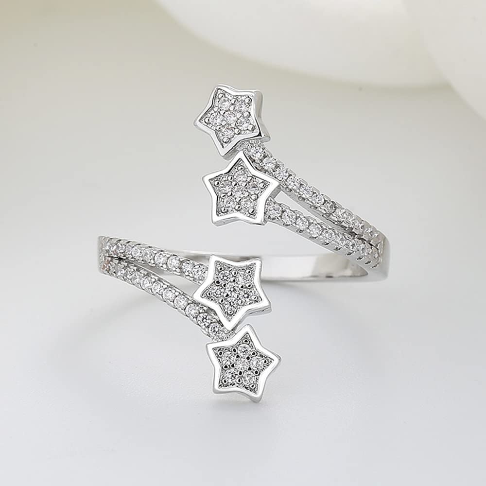 CZ Stars Rings Cute Dainty Statement for Women Sterling Silver Plated Layered Cubic Zirconia Adjustable Open Stacking Extendable Knuckle Middle Finger Ring Fashion Gifts for Best Friends Birthday Christmas (Silver)