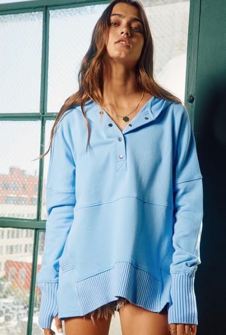 AlvaQ Women Casual Sweatshirt V Neck Long Sleeve Button Up Pullover Hoodie Sweat Shirt with Pocket Fashion 2024 Light Sky Blue Medium