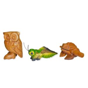 Handmade Wooden Percussion 3 Pcs Set 3 Inch Wooden Frog, 4 Inch Wooden Cricket and 3.5 Inch Wooden Owl, Gift Decor,(Green Wooden Cricket Brown Wooden Frog/Owl)