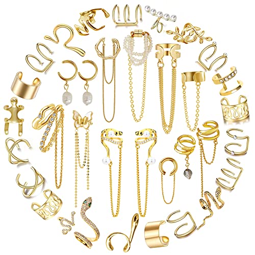 35 PCS Gold Silver Adjustable Ear Cuffs Earrings for Women Non-Piercing Cartilage Clip on Earrings Wrap Ear Jewelry Set,Punk Snake Butterfly Claw Stud Earrings Gift (Gold)