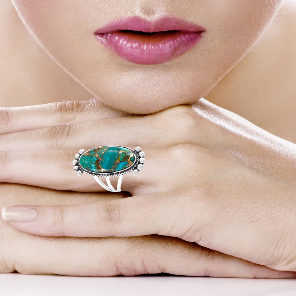 Turquoise Ring Sterling Silver 925 Genuine Gemstones Size 6 to 11 (Teal/Matrix Turquoise) (9)