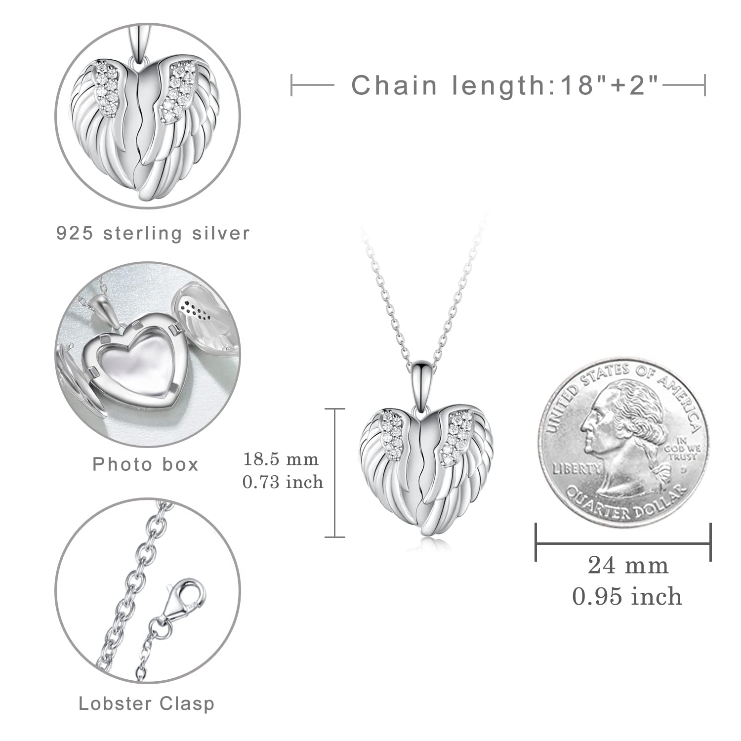 SVODEA Heart Photo Angel Wings Locket Necklace That Hold Pictures Photo,925 Sterling Silver Photo Locket Necklaces with 5A Cubic Zirconia, Sterling Silver, Cubic Zirconia