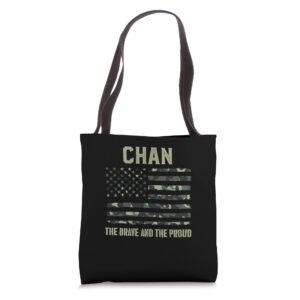 chan last name surname camouflage american flag tote bag