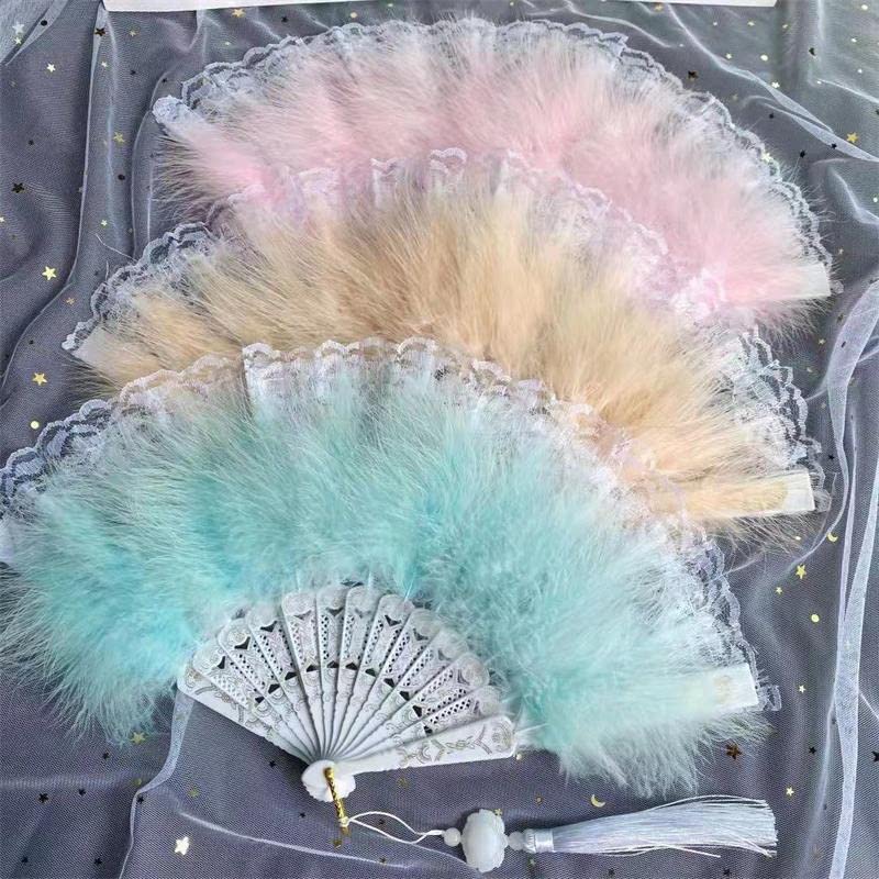 Classical Feather Folding Fan with Pendant Sweet Girly Dark Gothic Court Dance Photography Props Fan Wedding Decoration