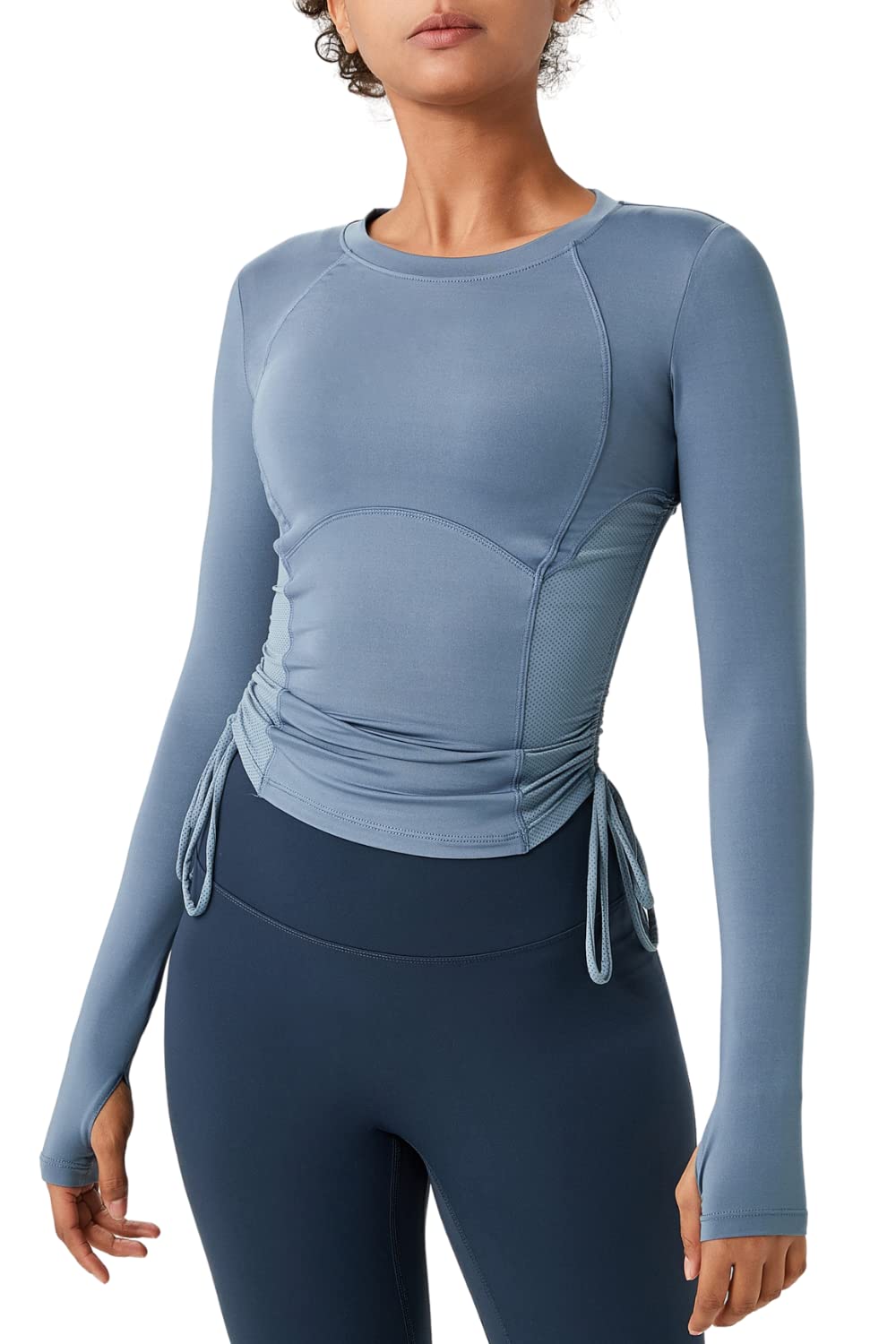 Almaree Workout Outfits Long Sleeve Shirts for Women Athletic Tops Running Sweatshirt with Thumb Holes L Blue