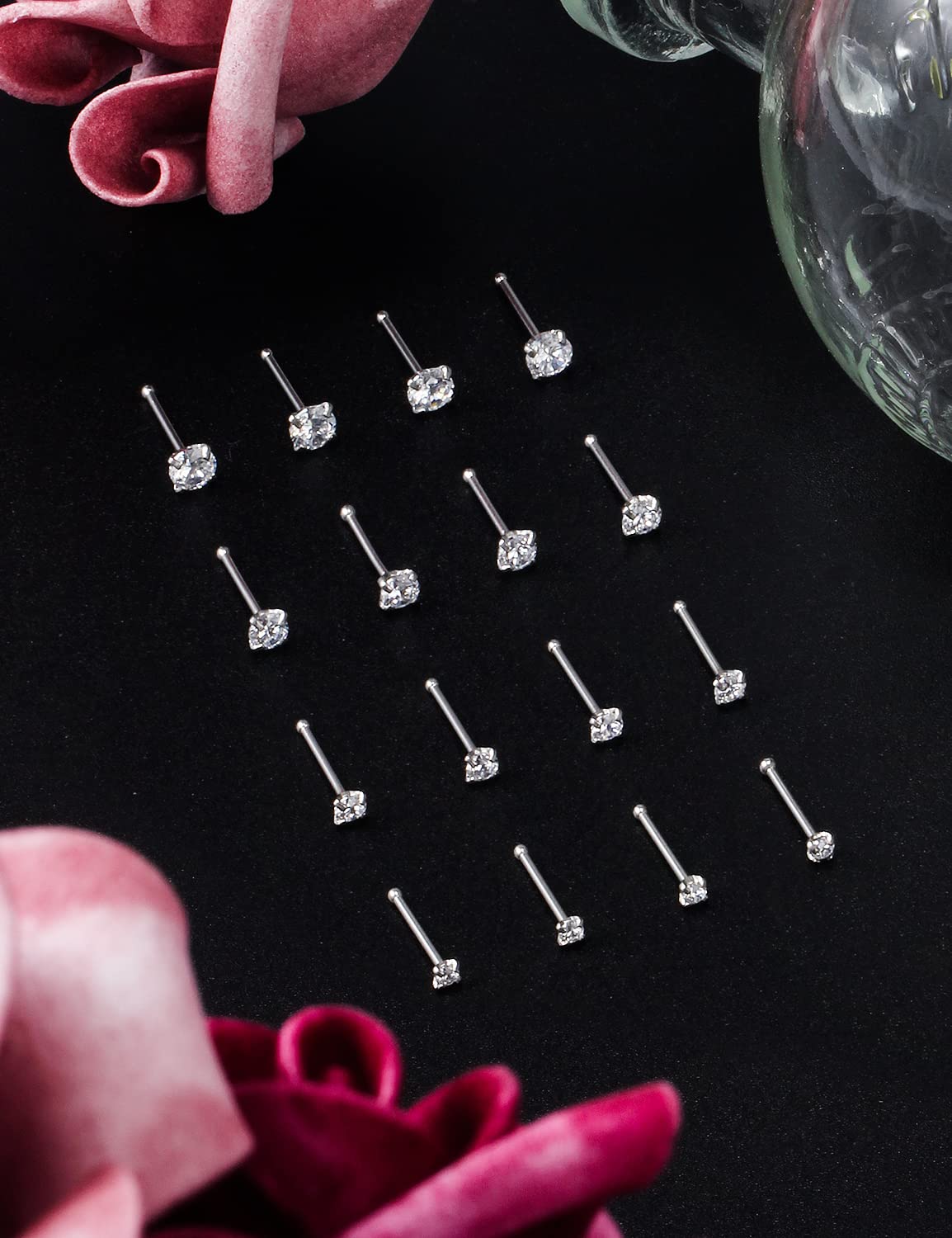 Lsnevsie Nose Rings Studs for Women 22G 316L Surgical Stainless Steel Straight Silver Opal Hypoallergenic Nose Nostril Stud Ring Pin Bone Body Piercing Jewelry for Men Diamond CZ 1.5mm 2mm 2.5mm 3mm