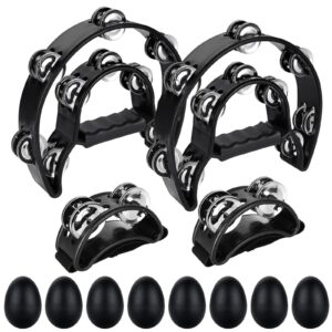 tambourine 2 pack 10 inch double row tambourine metal jingles hand held percussion with 2 foot tambourine, 8 egg shaker, half moon music tambourine for adult ktv party (black)