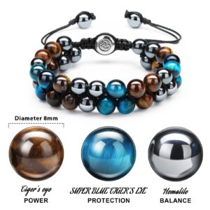 Nosiny 3 Pcs Bracelet Lava Rock Bead Bracelets 8 mm Tiger Eye Bracelet Men Hematite Obsidian Bracelet Adjustable Bracelet Gift for Men Women