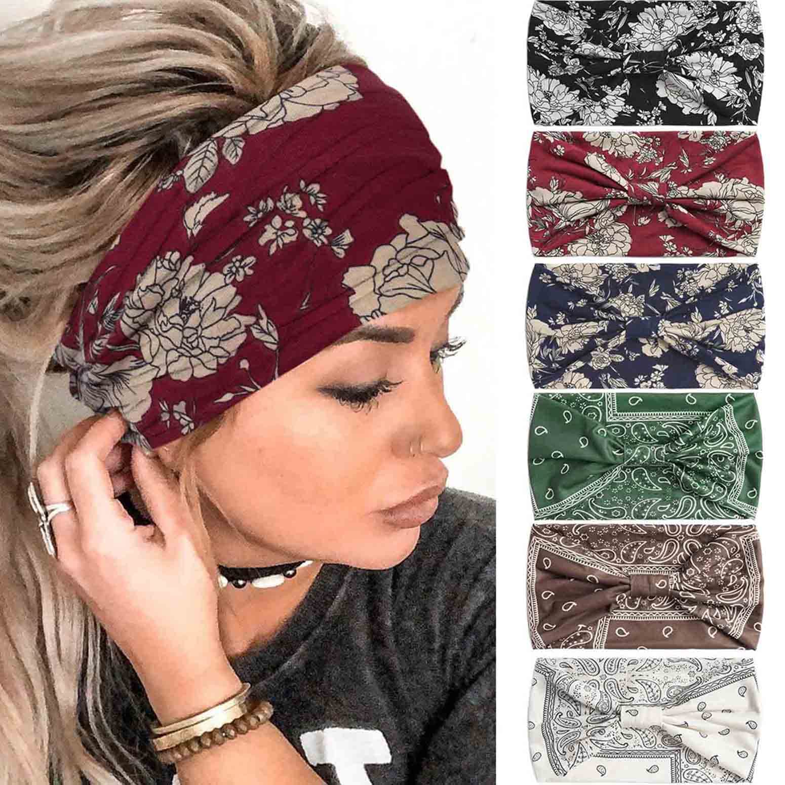 Olbye Boho Headbands for Women - Wide Knotted Elastic Turban Hair Accessories, Floral Yoga Sports Sweatbands, Workout Wraps and Bandanas, 6Pcs