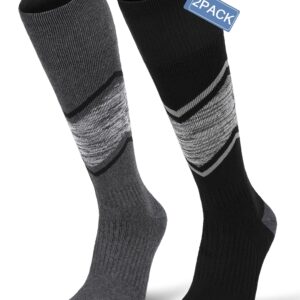 FITRELL 2 Pack Men's and Women's Ski Socks Full Cushioned Winter Merino Wool Thermal Knee High Warm Boot Socks for Skiing Snowboarding, Black+Grey, X-Large