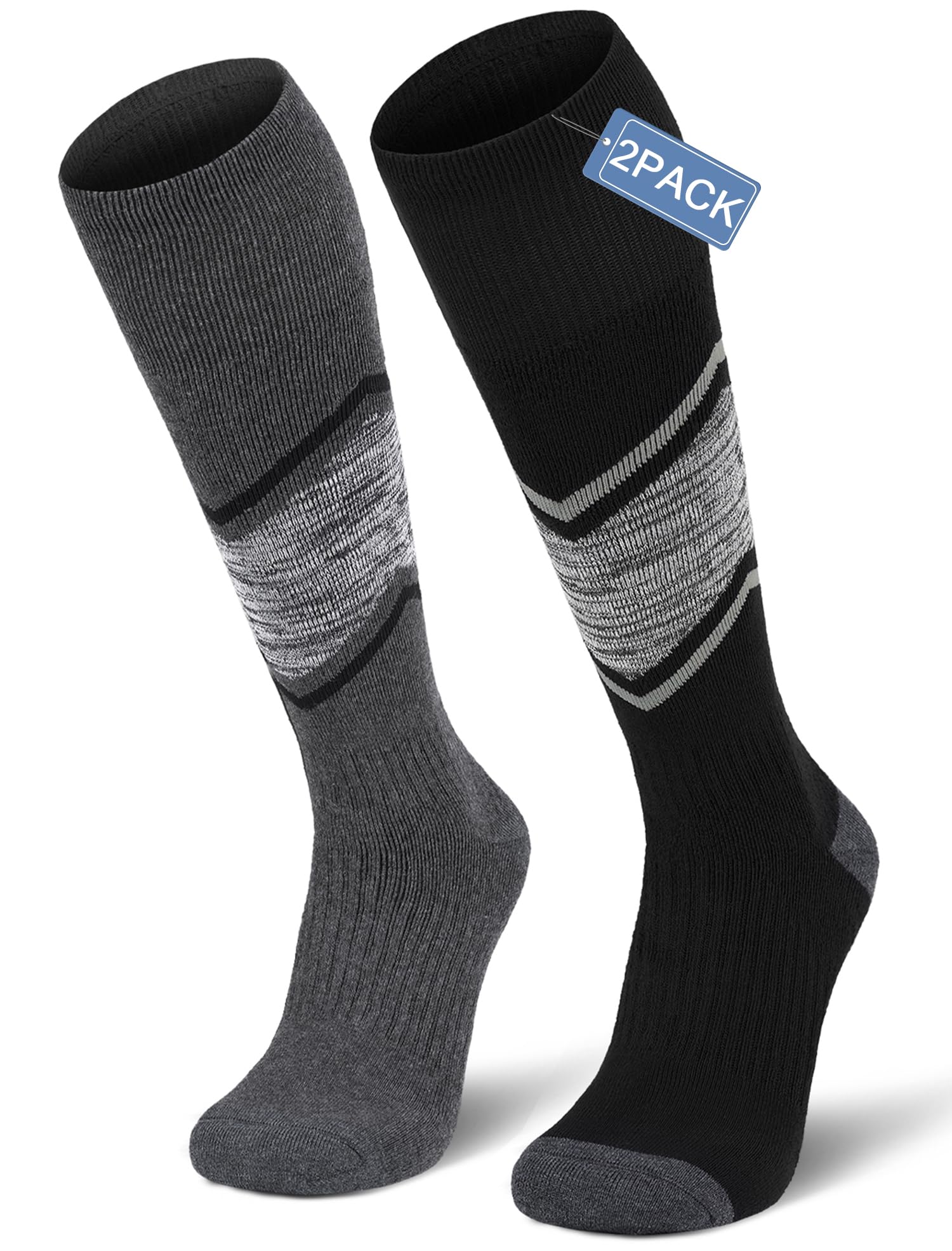 FITRELL 2 Pack Men's and Women's Ski Socks Full Cushioned Winter Merino Wool Thermal Knee High Warm Boot Socks for Skiing Snowboarding, Black+Grey, X-Large