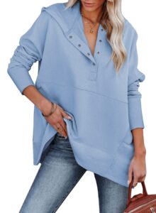 alvaq women casual sweatshirt v neck long sleeve button up pullover hoodie sweat shirt with pocket fashion 2024 light sky blue medium