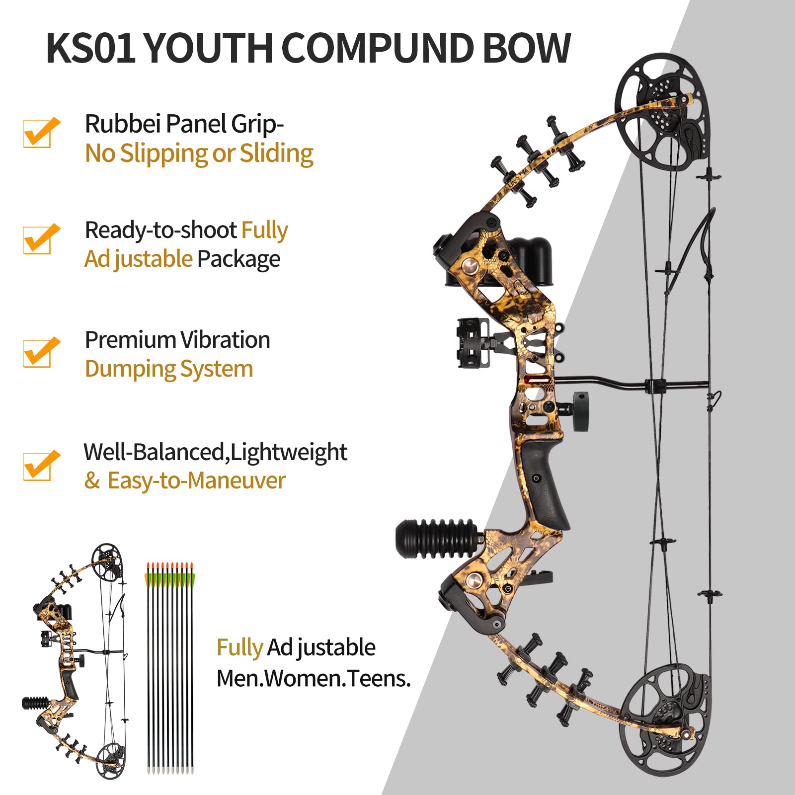 WUXLISTY Youth Compound Bow Set 15-45 Lbs for Teens and Beginner, Package with Archery Hunting Equipment, 5 Pin Sight, Max Speed 320fps, Adjustable, Right Hand, Snake Camo