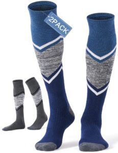 fitrell 2 pack men's and women's ski socks full cushioned winter merino wool thermal knee high warm boot socks for skiing snowboarding, grey+blue, x-large