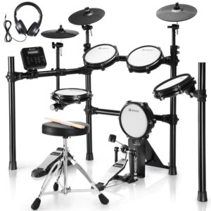 vangoa electric drum set 8-pieces with quiet mesh drumheads, cymbals, heavy duty pedals, 480 sounds, usb midi, throne, headphone, complete electronic drum set for beginners adults, black