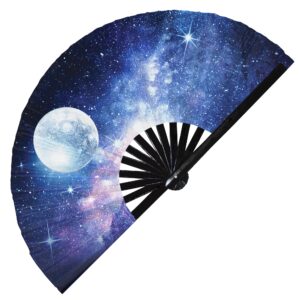 moon hand fan foldable bamboo circuit rave hand fans full moon phases trippy galaxy fan outfit party gear gifts music festival rave accessories (style 1)