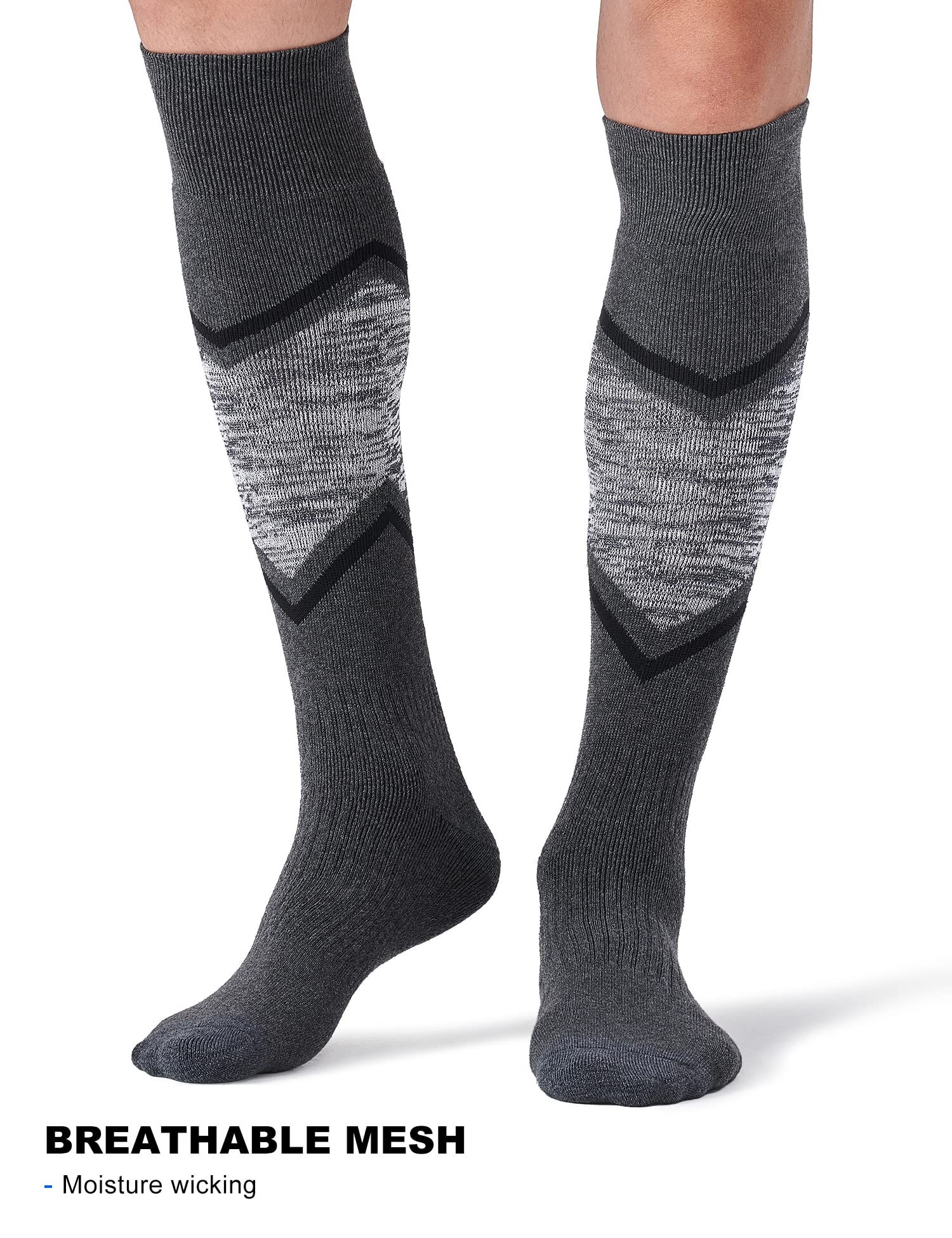 FITRELL 2 Pack Men's and Women's Ski Socks Full Cushioned Winter Merino Wool Thermal Knee High Warm Boot Socks for Skiing Snowboarding, Black+Grey, X-Large