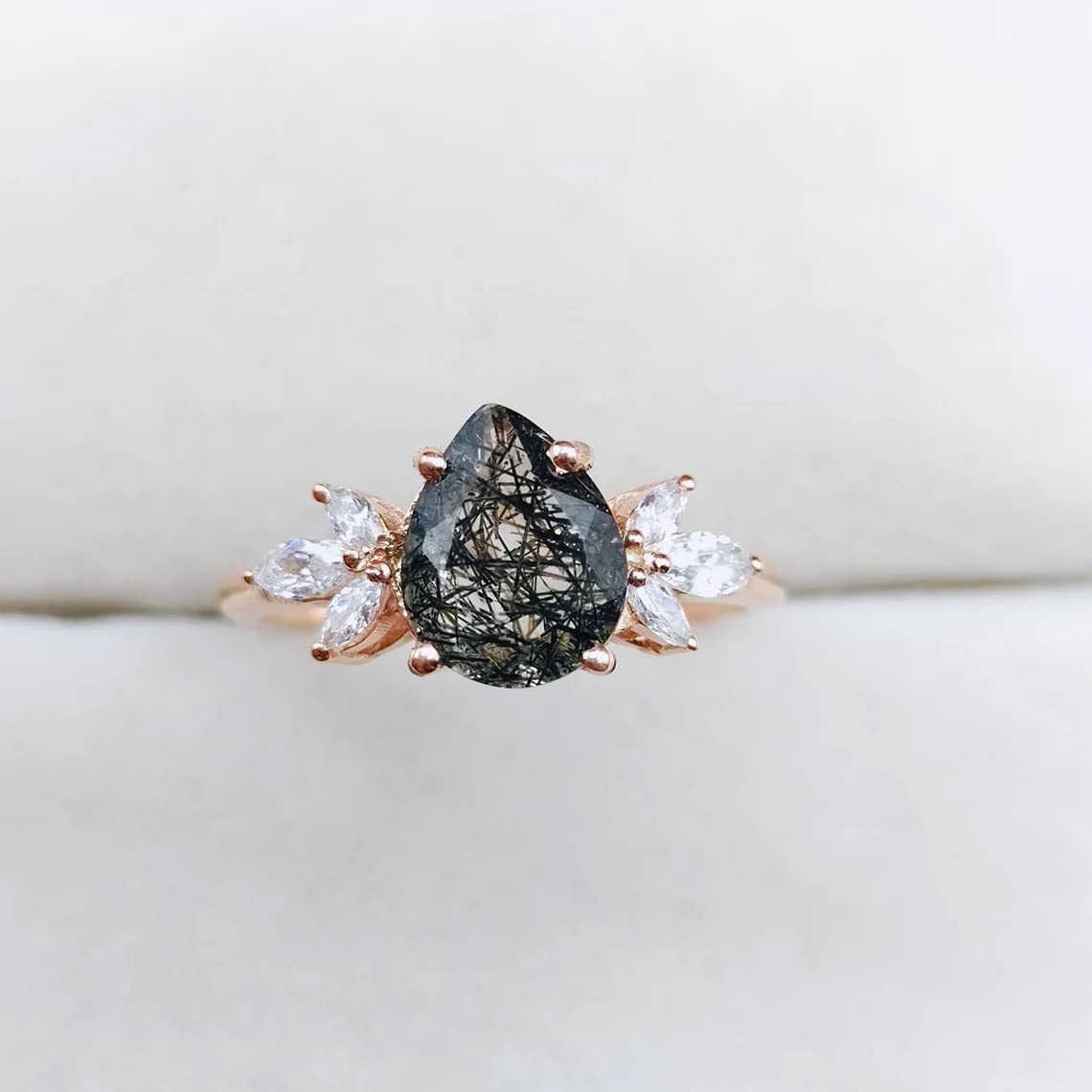 Rings For Women Natural Black Rutilated Quartz Ring-Salt And Pepper Diamond Ring-Pear Shaped Black Quartz Ring Beautiful Gift Wedding Ring BY FOREVER GEMS & JEWELS, Rose Gold,White,Silver