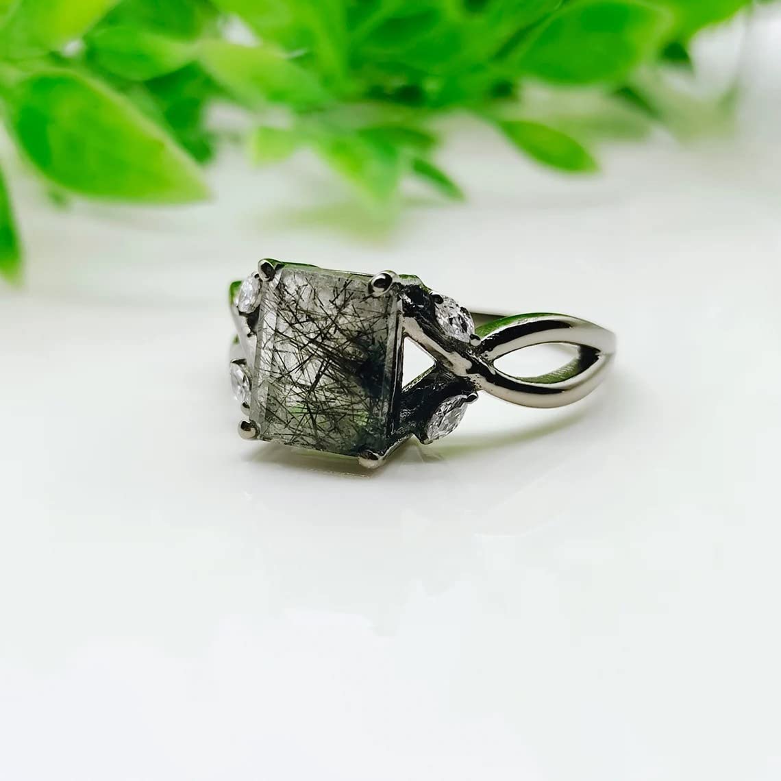 Rings For Women Natural Black Rutilated Quartz Ring-Salt And Pepper Diamond Ring-Emerald Cut Black Quartz Ring, Gift Beautiful Wedding Ring BY FOREVER GEMS & JEWELS