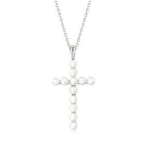 ross-simons 3.5-4mm cultured pearl cross pendant necklace in sterling silver. 18 inches