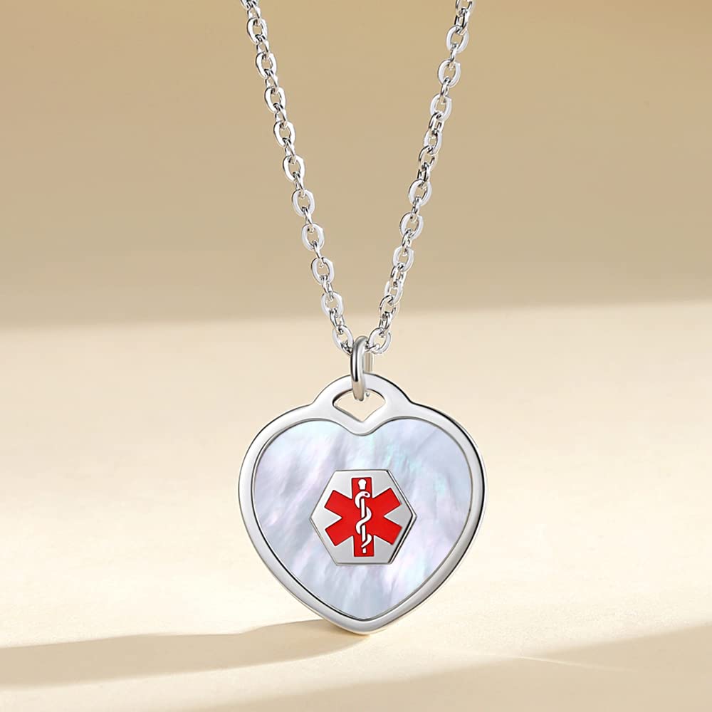 LinnaLove Pearl/Shell Stainless Steel Heart Medical Alert Necklace for Women Free Engraving-24 in Chain