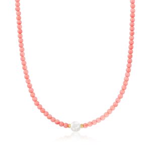 ross-simons 4mm pink coral bead and 8.5-9mm cultured pearl necklace with 18kt gold over sterling. 18 inches