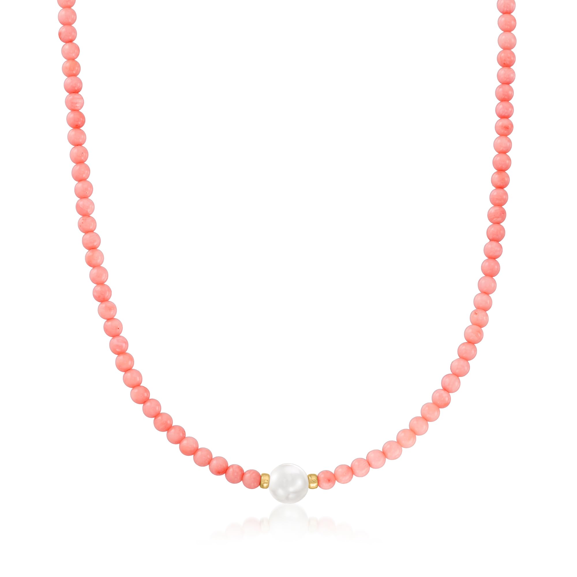 Ross-Simons 4mm Pink Coral Bead and 8.5-9mm Cultured Pearl Necklace With 18kt Gold Over Sterling. 18 inches