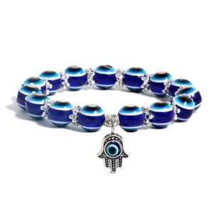 evil eye hamsa blue beaded charm stretch bracelet hand of fatima turkish lucky evil eye bracelet for protection and blessing(10 mm-plastic) (amx2v09qtsus)