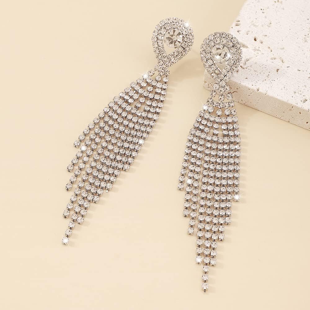 Denifery Teardrop Crystal Chandelier Earrings Long Tassels Dangle Earrings Sparkling Rhinestone Ladies Gifts Statement Earrings Bridal Wedding Jewelry (Silver)