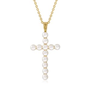 ross-simons 3.5-4mm cultured pearl cross pendant necklace in 18kt gold over sterling. 18 inches