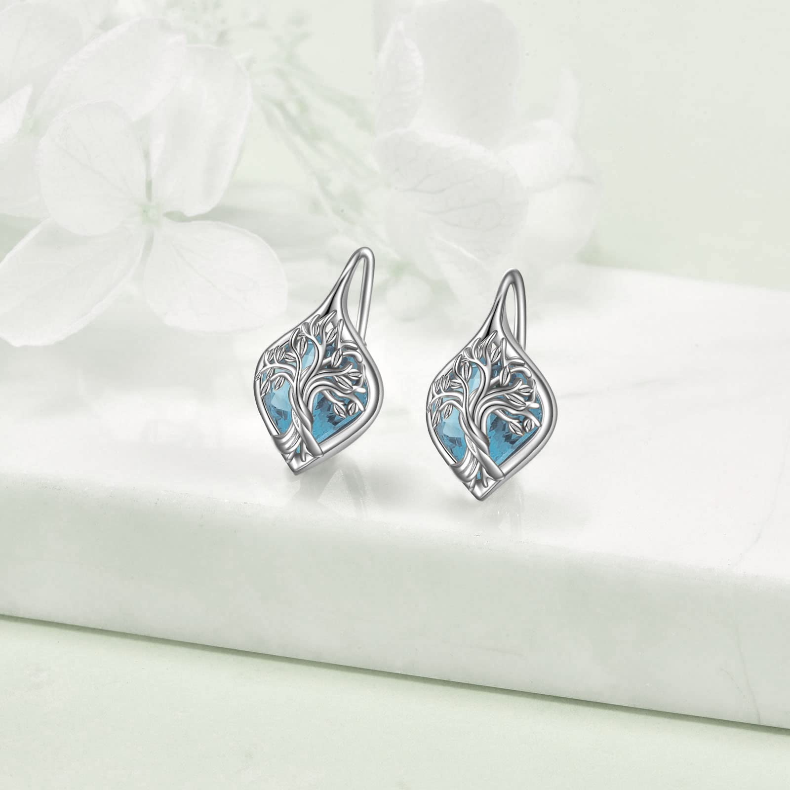 WINNICACA Tree of Life Birthstone Leverback Earrings Sterling Silver March Birthstone Jewelry for Women Teens Tree of Life Blue Topaz Crystal Birthstone Jewelry Gifts for Birthday