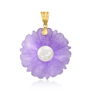 ross-simons 9mm cultured pearl and lavender jade flower pendant in 14kt yellow gold